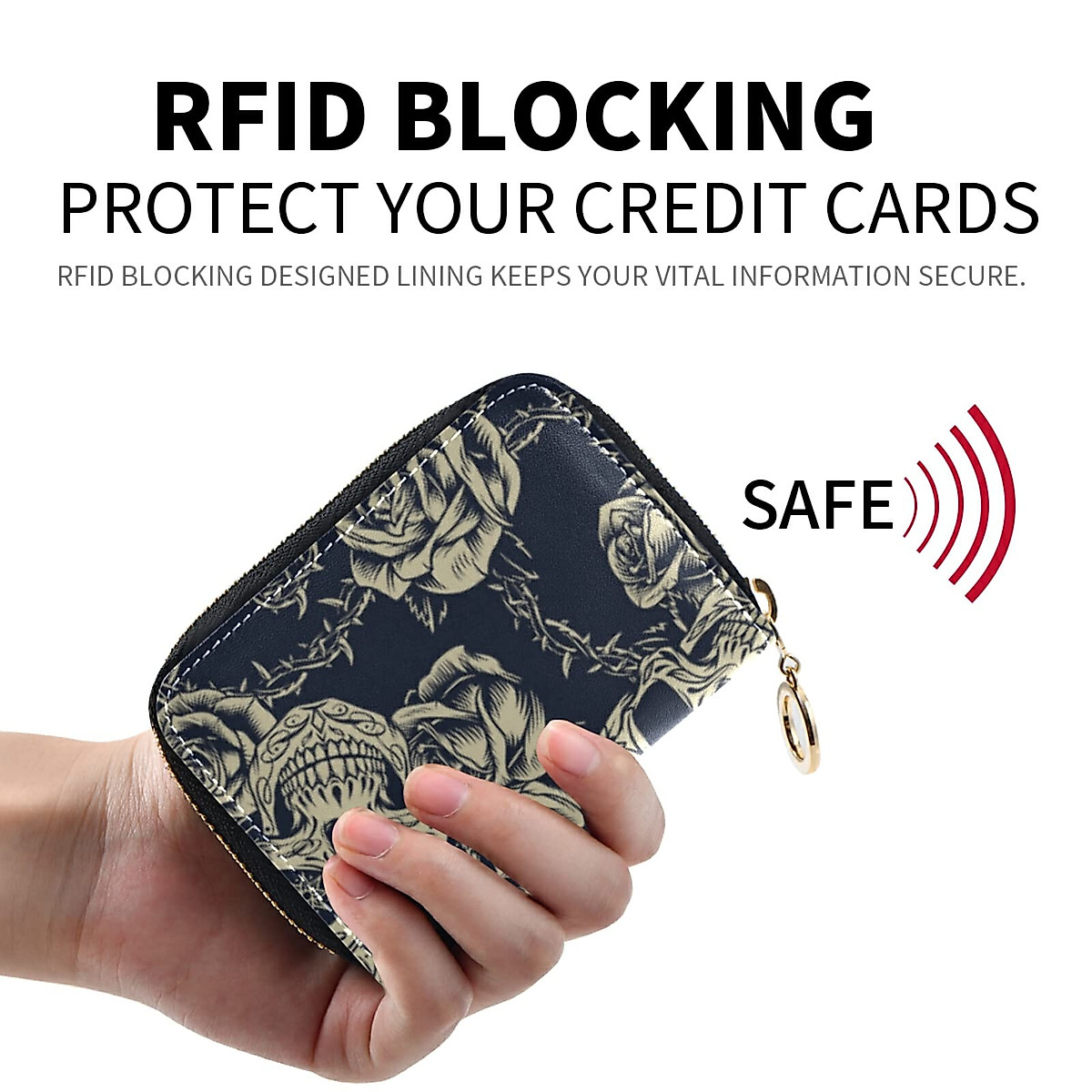 Seamless Vintage Sugar Skulls with Roses Flowers on DarkGrey Credit Card Coin wallet, RFID Blocking Compact Women Leather Card Holder, Key Change Organizer, Zipper Purse Clutch Pouch