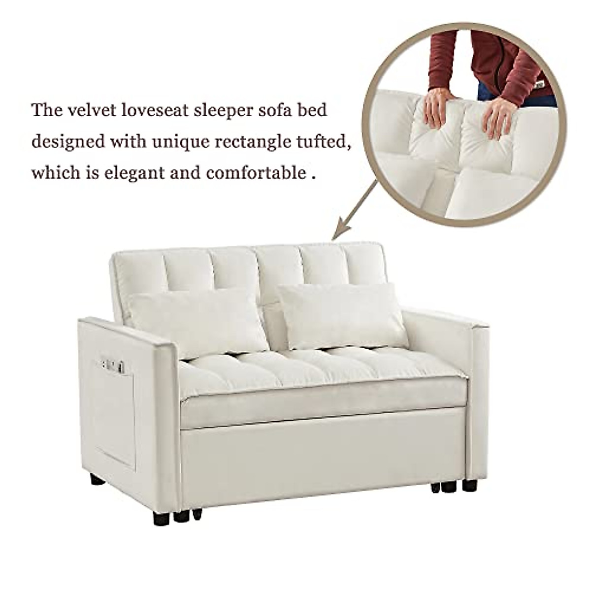 SEVENWOOD Velvet Loveseat Sleeper Sofa Bed, Convertible Futon Sofa Couch with Pull Out Bed, Small 2 Seater Lounge Sofa with Adjustable Backrest and Toss Pillows for Living Room.