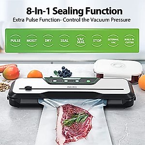 80kPa Vacuum-Sealer-Machine with Starter Kits, Aeitto 8-In-1 Food Vacuum Sealer, with 15 Bags, Pulse Function, Moist&Dry Mode and External VAC for Jars and Containers | Build-in Cutter | LED Indicator | Easy to Clean | Sous Vide