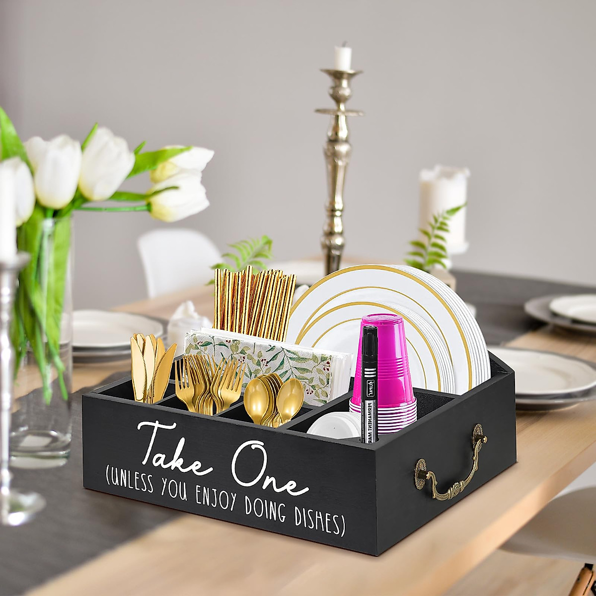 Paper Plate Holder, Paper Plate Dispenser for Kitchen Counter, Wood Cutlery Flatware Organizer Box for Party, Picnic BBQ, Wood Silverware Holder Utensil Caddy for Plate, Cup, Fork, Spoon Napkin(Black)