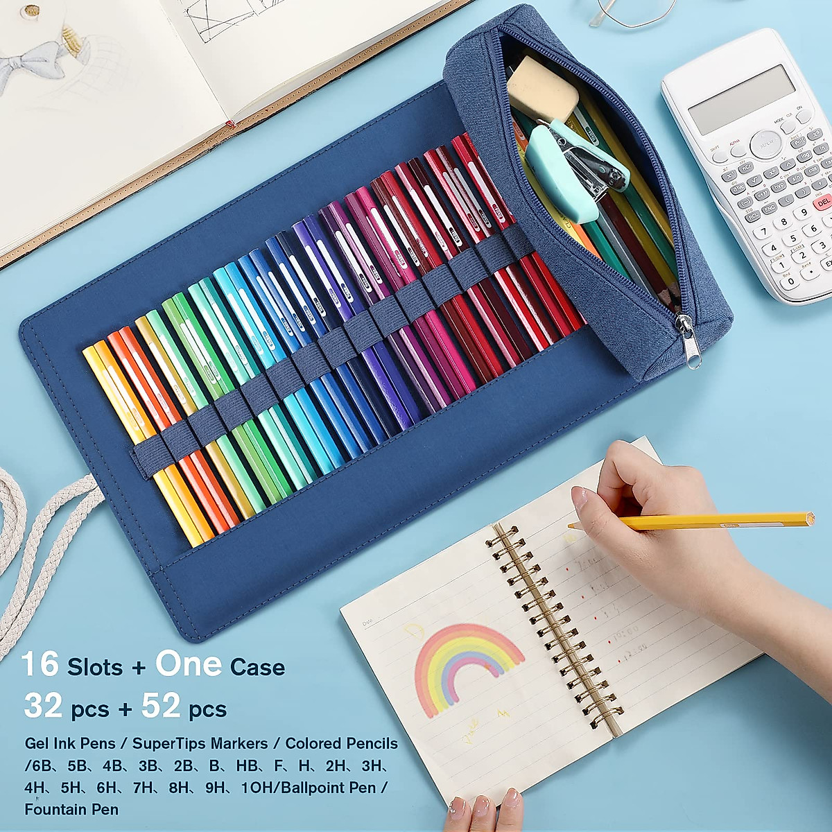 FINPAC Pencil Case, Large Capacity Roll-Up Pencil Pouch Wraps, Pen Pouch Stationery Storage Organizer, Office Stationery Supply, Navy