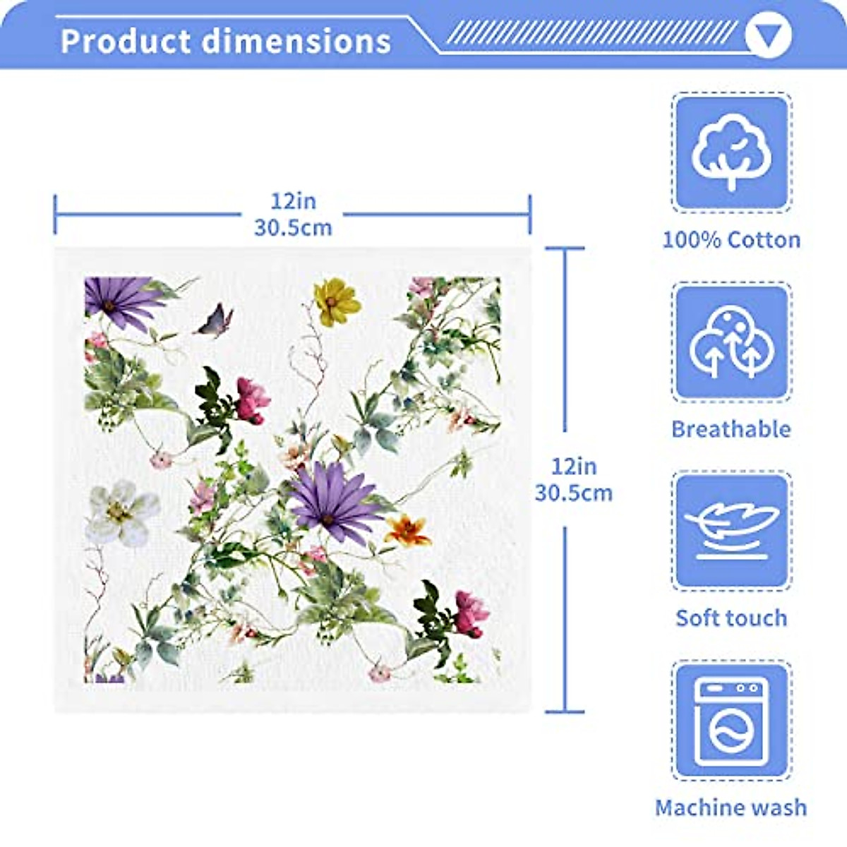 xigua Butterfly Flowers1 Wash Cloths 4 Pack - 12 x 12 Inch Super Soft Washcloths for Your Face and Body - 100% Cotton Highly Absorbent Baby Face Towel