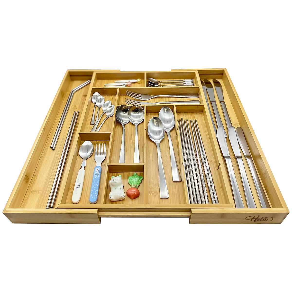 HELIA Bamboo Expandable Drawer Organizer with Movable Dividers | Solid Bamboo Drawer Organizer and Kitchen Utensil Holder for Flatware and Cutlery | Bamboo Utensil Organizer for Kitchen Drawers