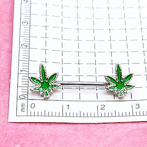 Pierce2GO 14G Nipple Piercing Surgical Stainless-Steel Set of 2 Barbell Marijuana Weed Cute Nipple Rings Nipple Piercing Jewelry for Women - 9/16" Barbell
