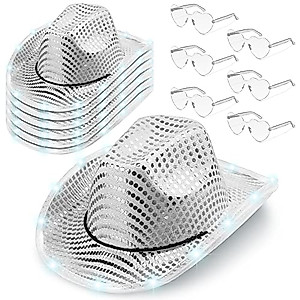 Zhanmai 6 Set LED Cowboy Hat Light Up Glitter Cowboy Hat with Sunglasses Sequin Space Cowgirl Hat for Women Men Costume Accessories (Gray)