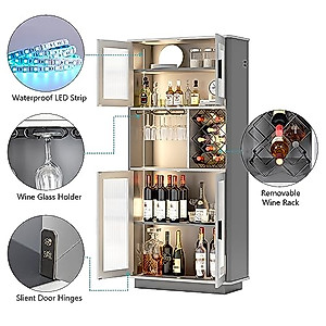 LVSOMT LED Wine Bar Cabinets with Removable Wine Rack, Bar Cabinets for Liquor with Light Motion Sensor, Kitchen Cabinet Storage for Dinning Room, Living Room (Dark Grey + Light Grey)