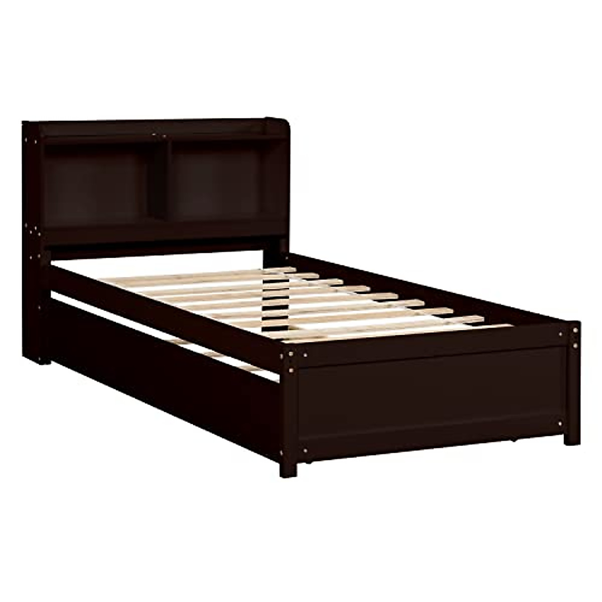 ERDAYE Twin Size Platform Bed Sets with Pull Out Trundle & Bookcase, Solid Wood Bedframe with Storage Shelves for Boys and Girls Bedroom Furniture Daybed, Space Saving Design, Espresso