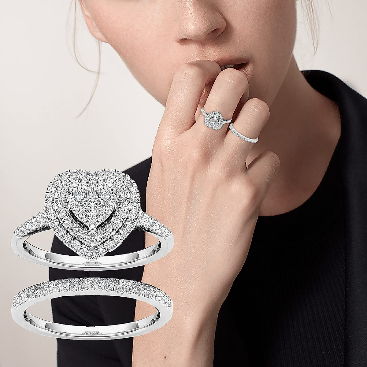 Fashion 2PCS Heart Shaped Zircon Ring for Women Simulated Diamond Engagement Ring Wedding Band for Bride (A, 8)