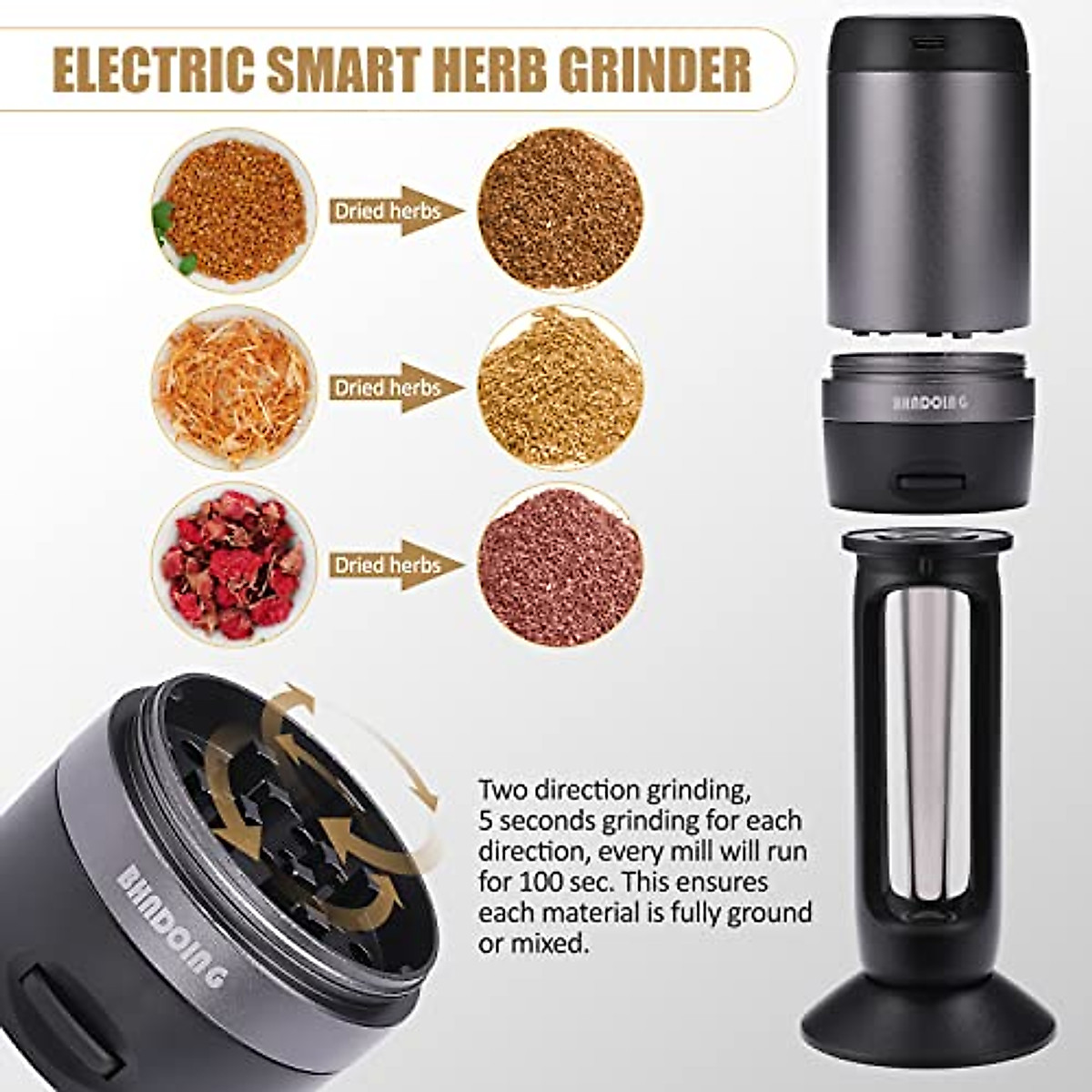BHNDOING Electric Smart Herb and Spice Grinder, Automatic Smart Grinding and Cone Holder, Grinding Fill Integrated, 500mAh, USB Rechargeable