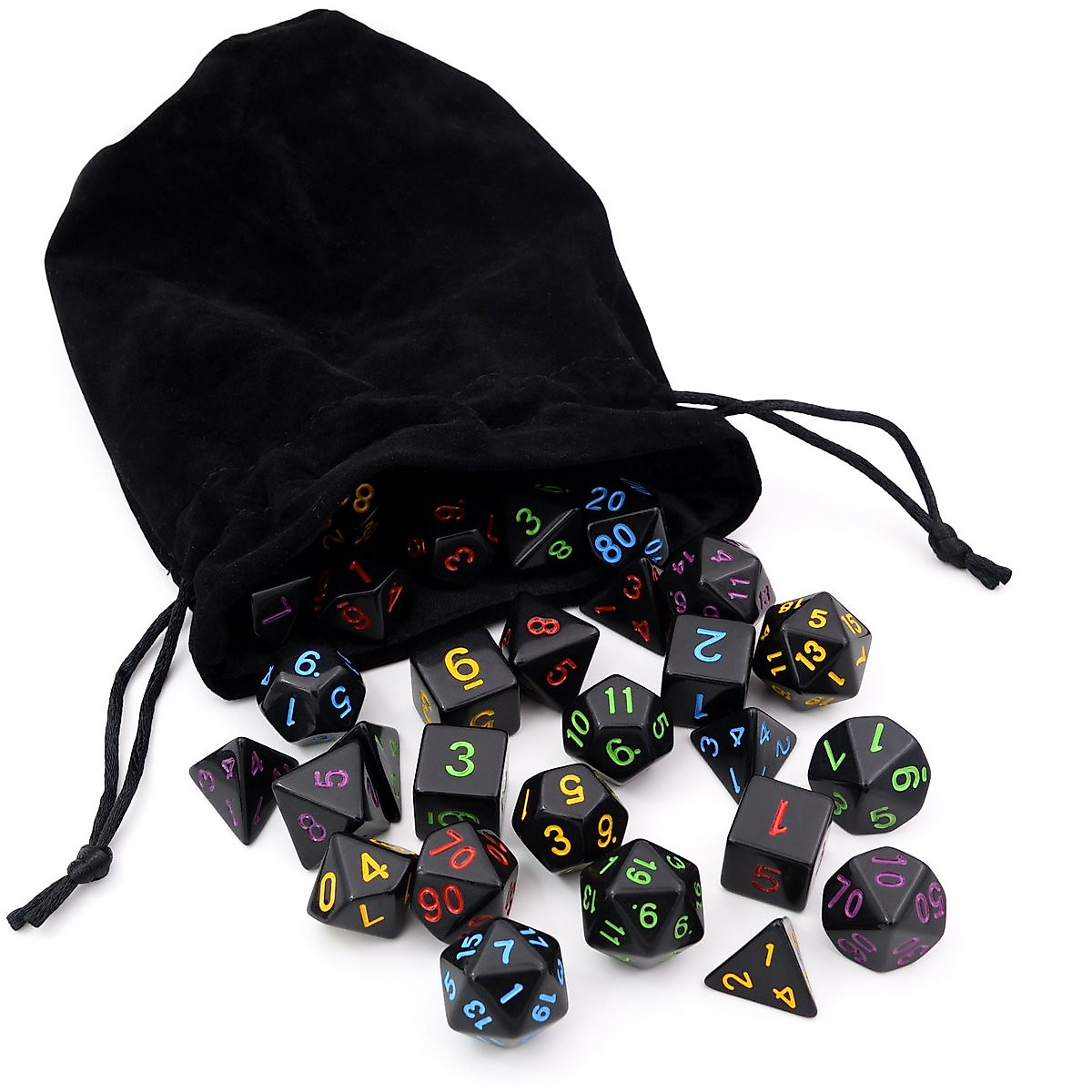 5 Sets New Black Polyhedral Dice with Satin-Lined Velvet Bag for Dungeons and Dragons DND RPG MTG D20 D12 D10 D8 D6 D4