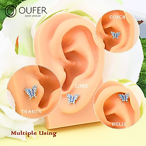 OUFER 16G Helix Earrings, 316L Stainless Steel Tragus Earring Studs, Blue Butterfly Elements Paved Shiny Clear CZ Cartilage Earrings, Flower Helix Piercing Jewelry