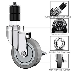 Houseables Kitchen Table Caster Wheel, 4 Pk, 4 Inch, Grey, Polyurethane, 300 LB Load Capacity Per Wheel, with Locking Mechanism, Adjustable, Swivel, Expanding Stem Caster, Furniture, Hardwood Floor