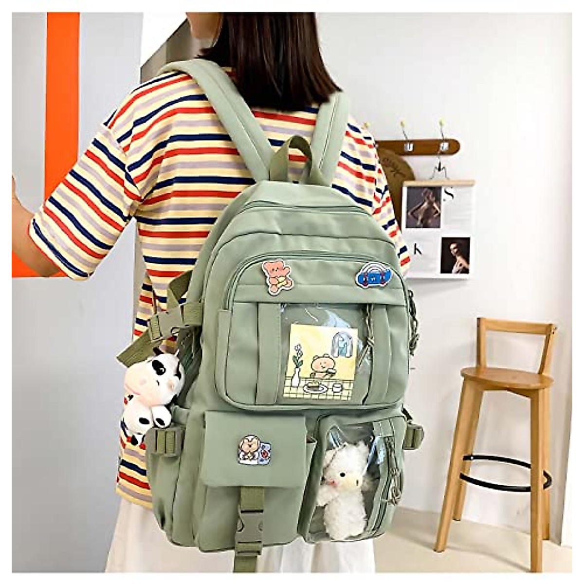 Kawaii Backpack Cute School Backpacks Aesthetic Bookbags with Kawaii Pin Accessories for Teen Girls (Green)