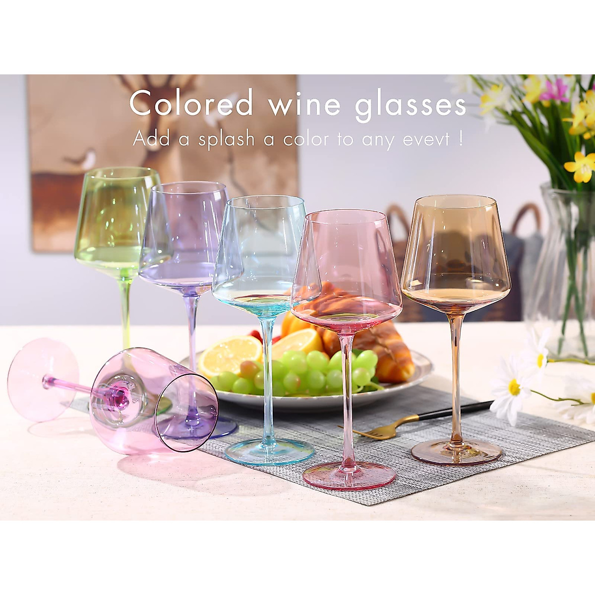 comfit Colored Wine Glasses set of 6-Crystal Colorful Wine Glasses With Long Stem,Square wine glasses with flat bottom,Ideal for full-bodied wine,Wine gifts for wedding,housewarming18OZ