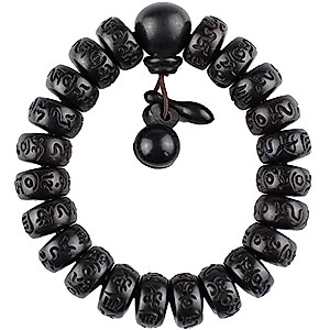 Tibetan Buddhism Natural Beads OM Mani Padme Buzz Engraved Six-Character Mantra Beaded Men's and Women's Buddhist Beads Wenwan Rosary Bracelet (round), Black