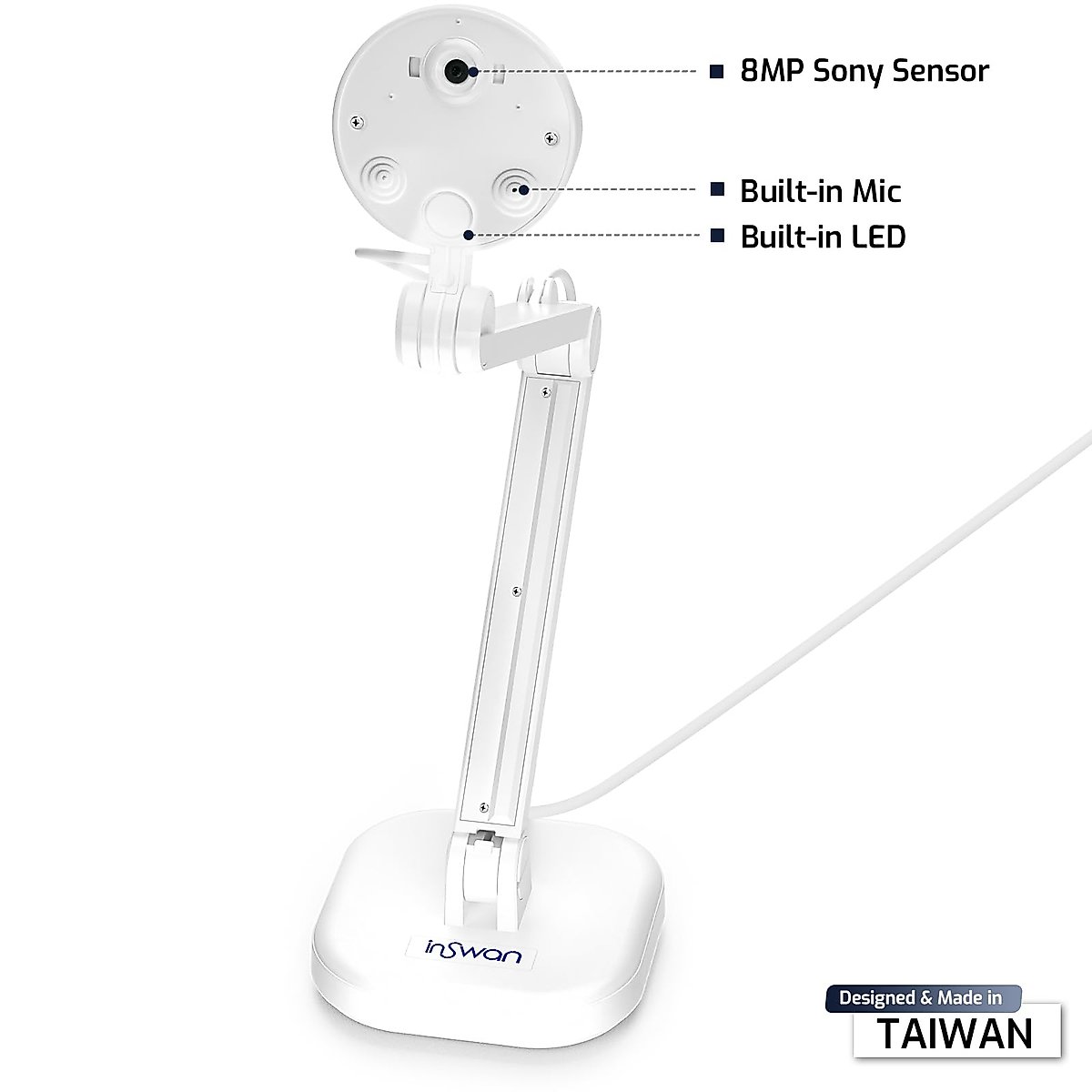 INSWAN INS-1 USB Document Camera — 8MP Ultra HD, Auto Focus, LED Light, Built-in Microphone, Mac OS, Windows, Chromebook Compatible for Distance Learning, Remote Teaching, Web Conferencing, Live Demo