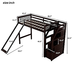 MOEO Twin Size Loft Bed with Slide & 3 Storage Staircase for Kids Bedroom,Sturdy Wood Bedframe, High Guardrail Design, No Box Spring Needed, 78.4" L×97.3" W×61.4" H, Espresso
