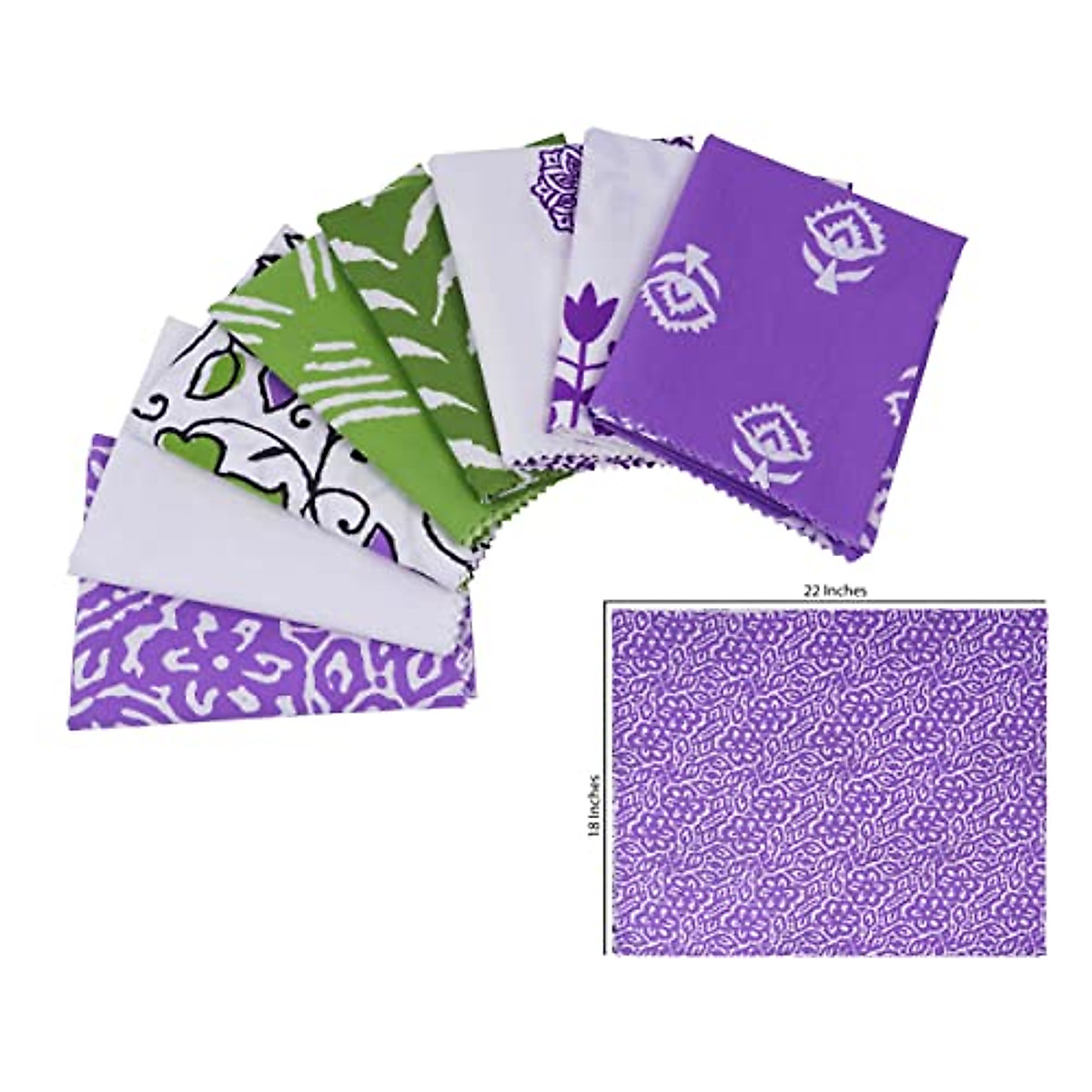 Soimoi 8 Pc Fat Quarter Bundle - Asian Block Print 18"x 22" DIY Patchwork- 100% Cotton Pre-Cut Quilting Fabric (Green & Purple)