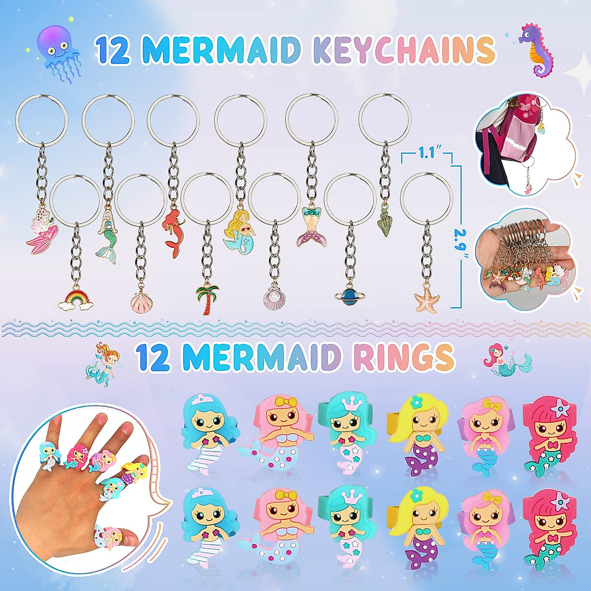 126 Pcs Mermaid Party Favors for Kids, Mermaid Themed Birthday Party Supplies Toys, Mermaid Goodie Bag Pinata Fillers Slap Bracelet Stickers Keychain Necklace Ring Puzzle Gifts for Classroom Prizes