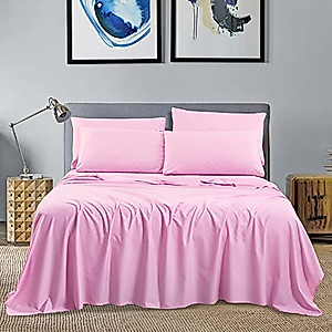 MEISHANG Twin Size Sheet Set Cooling Breathable Bed Sheets Set, Ultra Silky Soft Microfiber Sheet with 16 Inch Deep Pocket, Machine Washable, 4 Pieces (Twin, Pink)