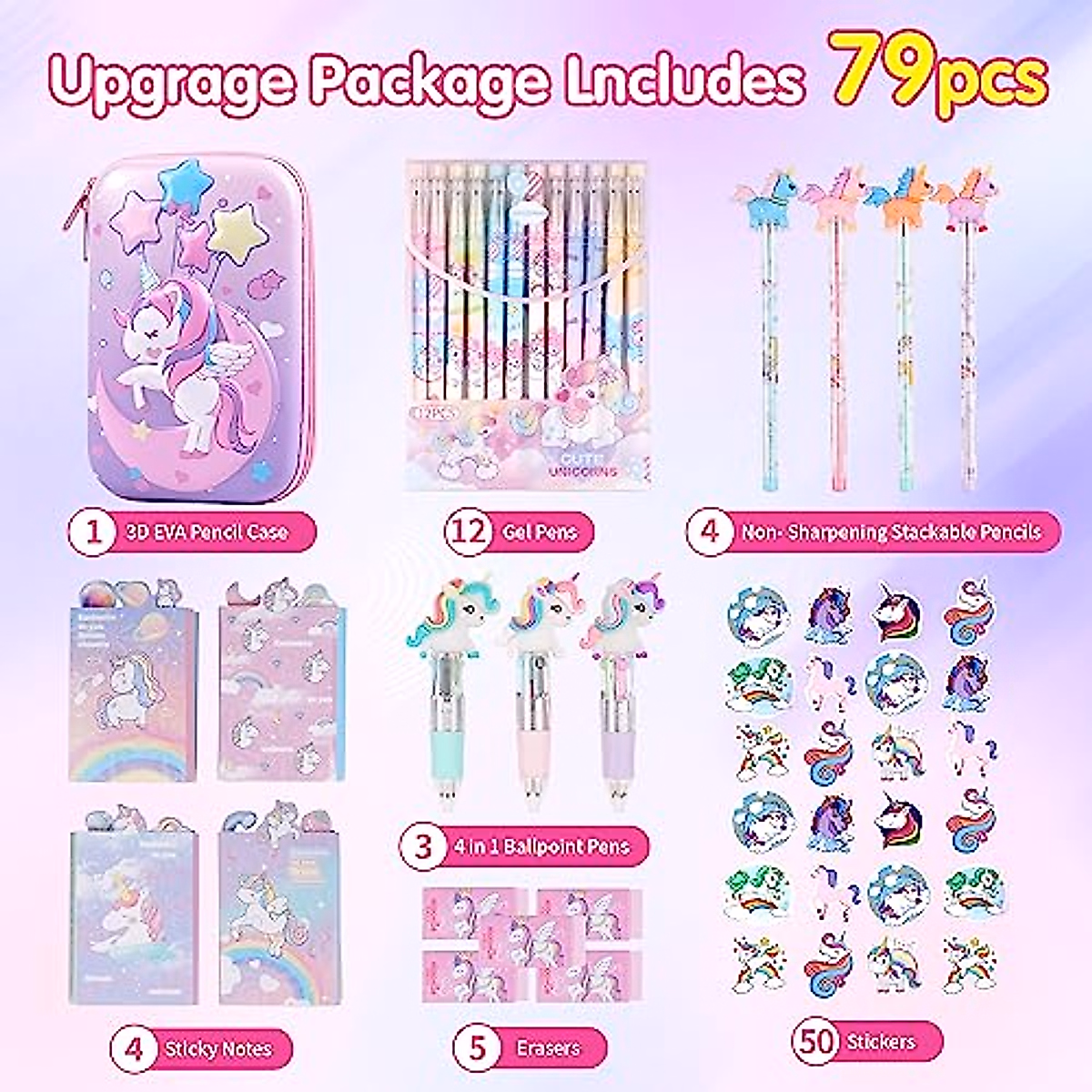 LiYiQ Pencil Case For Girls Boys,Kids Cute Pencil Case Pink Pencil Pouch for Kids,Pens Erasers Non- Sharpening Stackable Pencils Sticky Notes Stickers, Back to School Gifts (Unicorn)