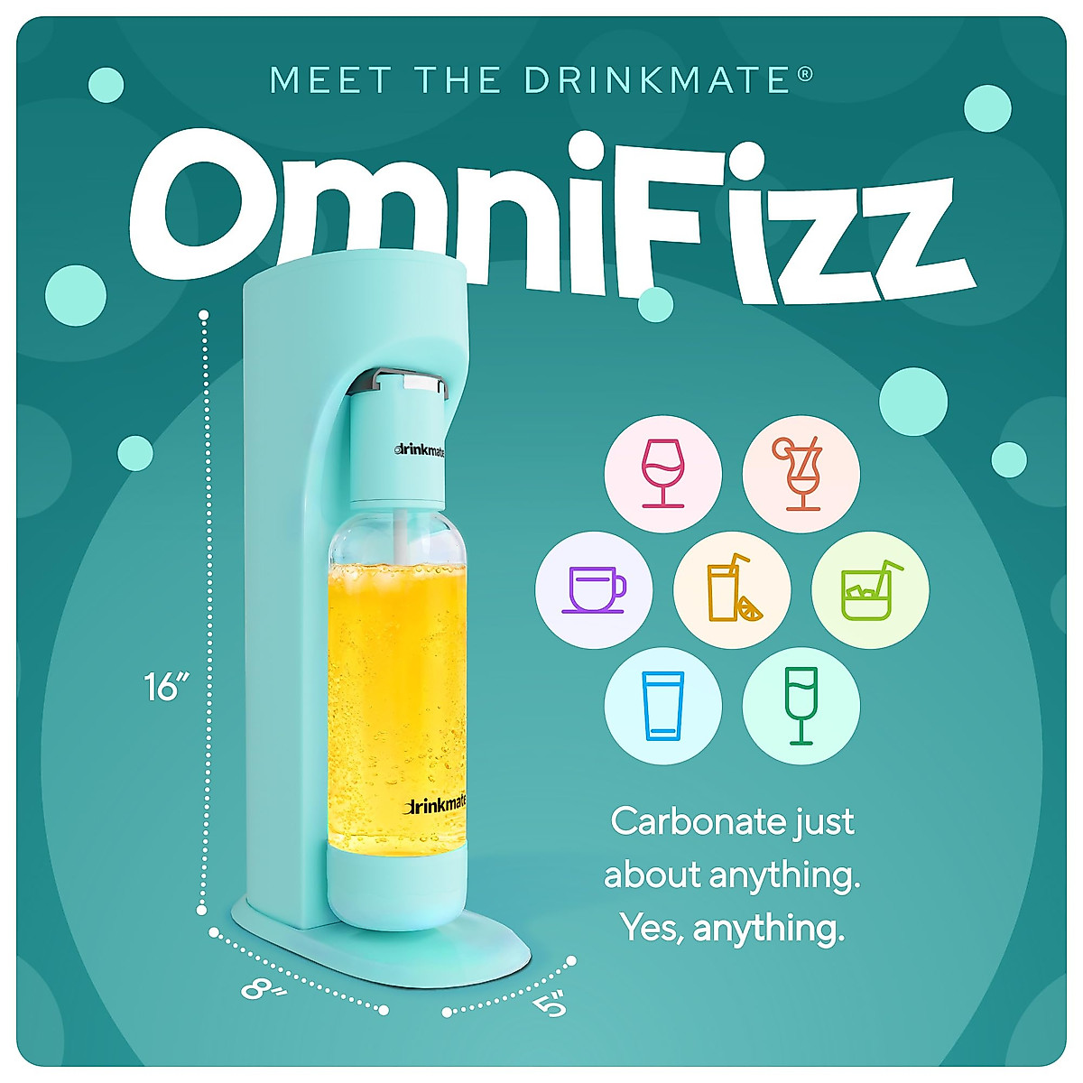 Drinkmate OmniFizz Sparkling Water and Soda Maker, Carbonates Any Drink, PARTY PACK - Includes two 60L CO2 Cylinders, three Carbonation Bottles, and two Fizz Infusers (Arctic Blue)