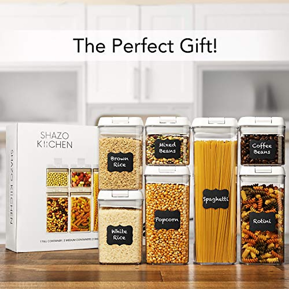 Shazo Airtight Food Storage Containers 7 Piece Set, Pantry Organizer BPA Free Plastic Flour, Pasta Containers with Easy Lock Lids for Kitchen Pantry Organization and Storage Includes Labels & Marker