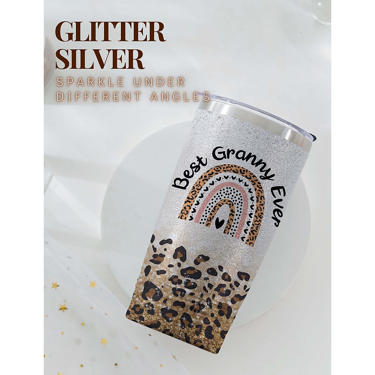 Onebttl Granny Gifts from Granddaughter, Grandson, Insulated Stainless Steel Wine Tumbler with Lid and Straw, for Grandma on Mother's Day, Birthday, Christmas, Best Granny Ever, Glitter Silver, 20 oz