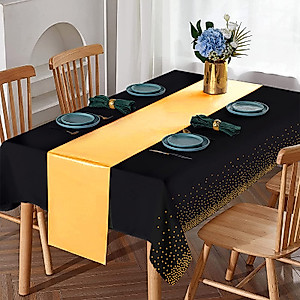 8Pack Disposable Plastic Tablecloths and Satin Table Runner Set Black Gold Dot Table Cloth Gold Satin Table Runner for Graduation Wedding Birthday Baby Shower Anniversary Holiday Party Decorations