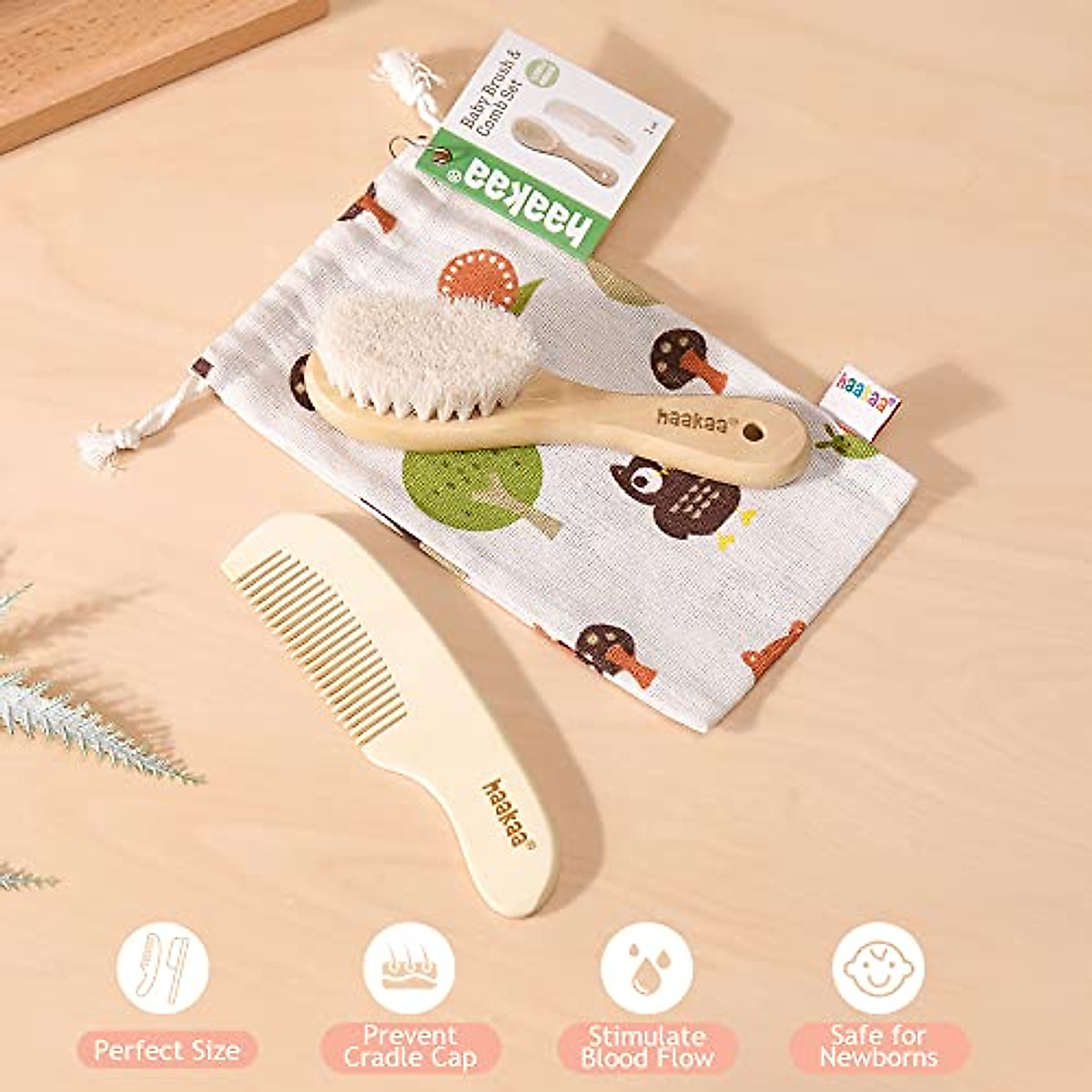 haakaa Baby Hair Brush and Comb Set for Newborns & Toddlers, Natural Hair Comb Wooden Comb Perfect Baby Shower and Registry Gift - Ideal for Cradle Cap