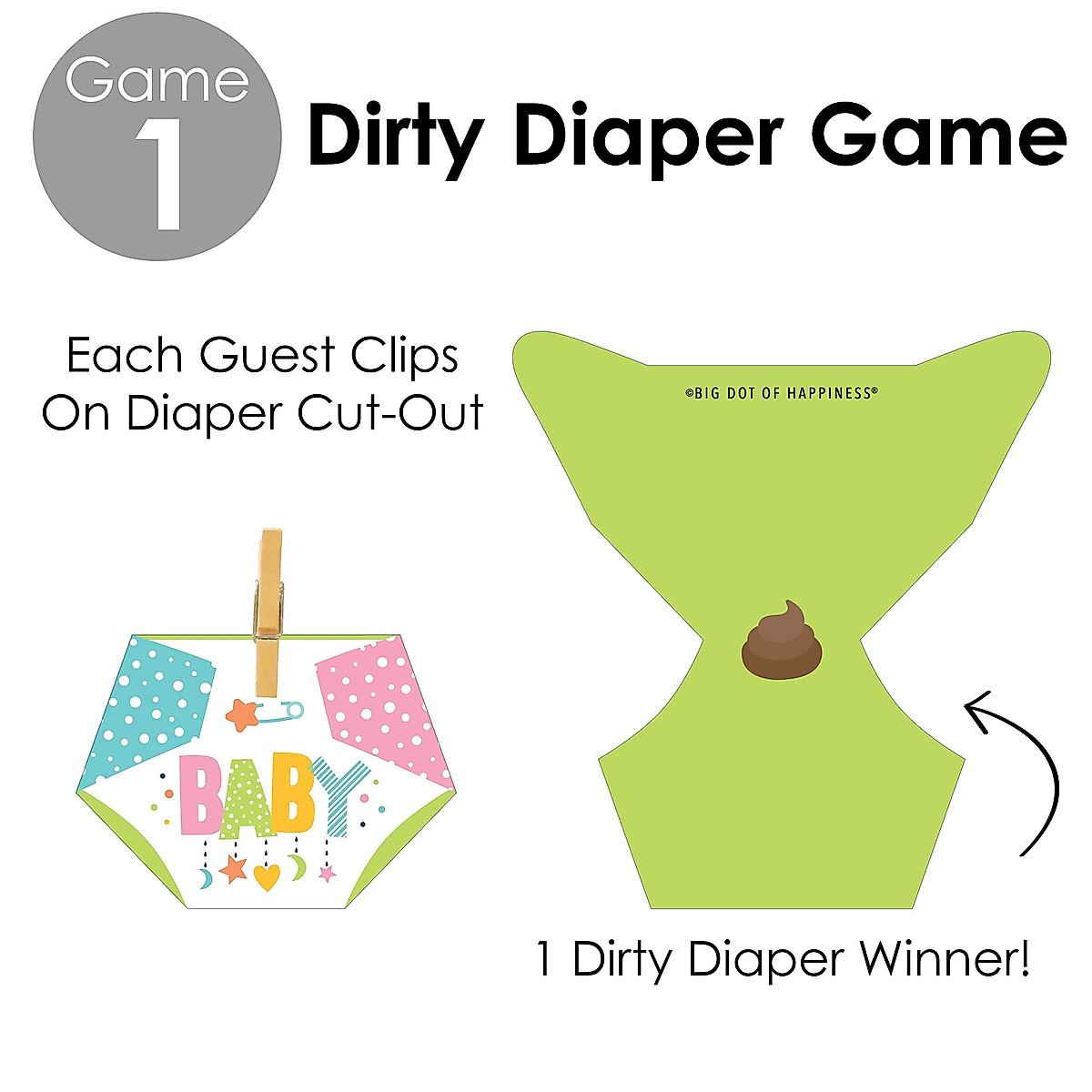 Big Dot of Happiness Colorful Baby Shower - Baby Shower Conversation Starter - 2-in-1 Dirty Diaper Game - Set of 24