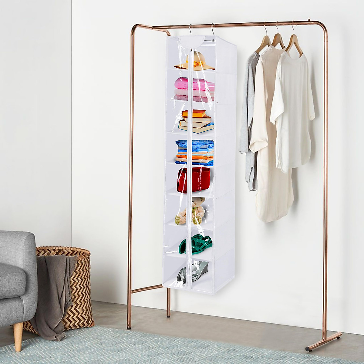 Libeder Hanging Closet Organizer, 8-Shelf Wardrobe Clothes Storage Organizer with Zipper,Hanging Shelves for Sweater,Shoes,Purse,Hats,White