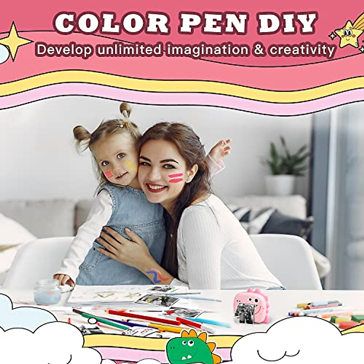 WQ Kids Camera Instant Print, 1080P Dinosaur Digital Print Camera for Kids with Dual Lens,Selfie Video Camera with Phone Connected,Zero Ink Instant Print Camera Ideal Gift for Boys Girls 3-12