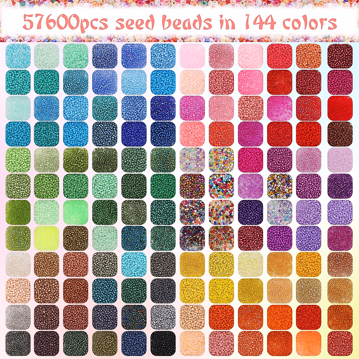 EuTengHao 57600pcs 2mm Glass Seed Beads Small Craft Beads for DIY Bracelet Necklaces Crafting Jewelry Making Supplies with Beading Needles Elastic Strings (144 Colors, 400Pcs Per Color)