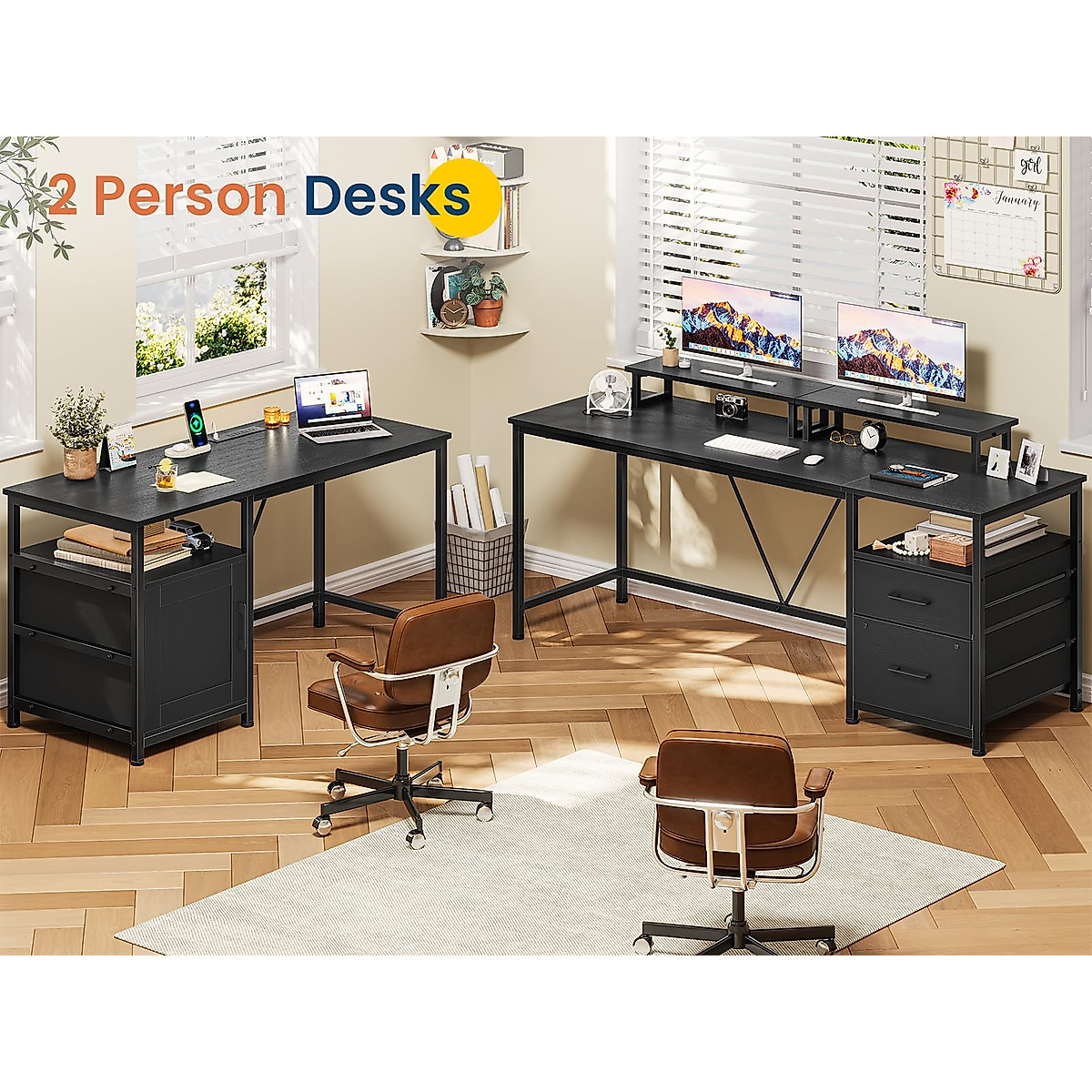UPOSOJA 67in L Shaped Computer Desk with Power Outlets, 90.5in Long Home Office Desks with 2 Monitor Stands, 2PC Small Corner Table, Storage Cabinet Rack Drawers(Black)