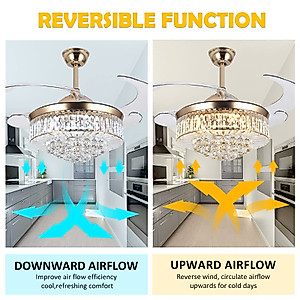 Panghuhu88 36" Invisible Ceiling Fan Chandelier Light,Modern Crystal Ceiling Fan Light Remote Control 4 Retractable ABS Blades for Bedroom Living Room Dining Room Decoration (Gold)