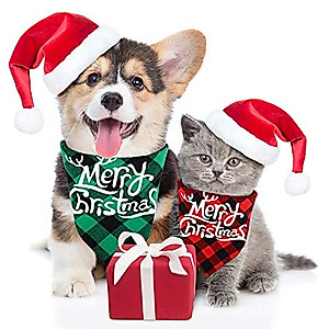 4 Pieces Christmas Dog Bandanas Christmas Buffalo Plaid Pet Scarf Xmas Dog Triangle Bibs Decoration Adjustable Washable Bandanas Kerchief Party Supplies for Dogs Cats