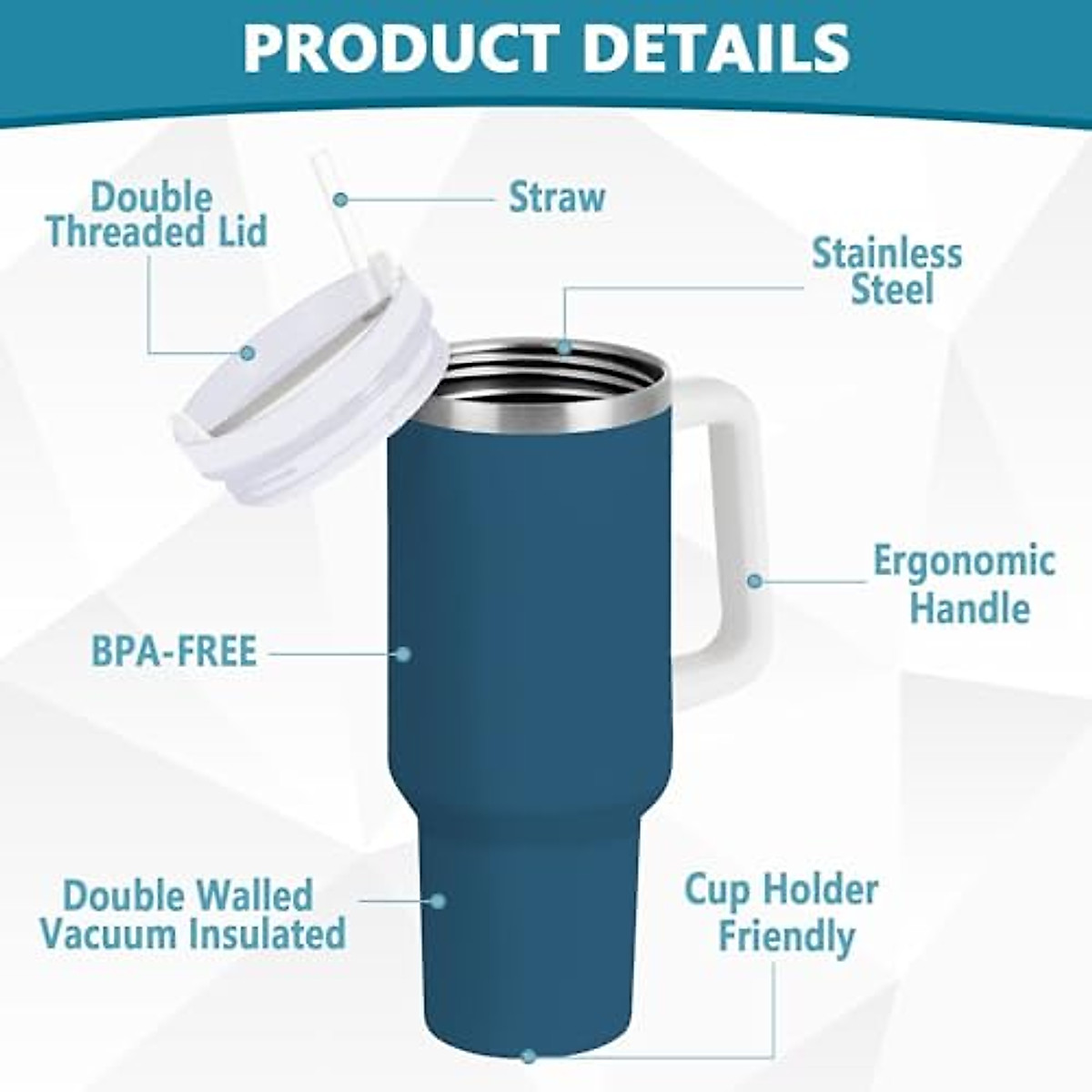 Emelivor Caribbean Blue 40 oz Tumbler with Lid and Straw Insulated Tumblers with Handle Thermal Stainless Travel Coffee Mug Cup Water Bottle for Hot and Iced Cold Drinks