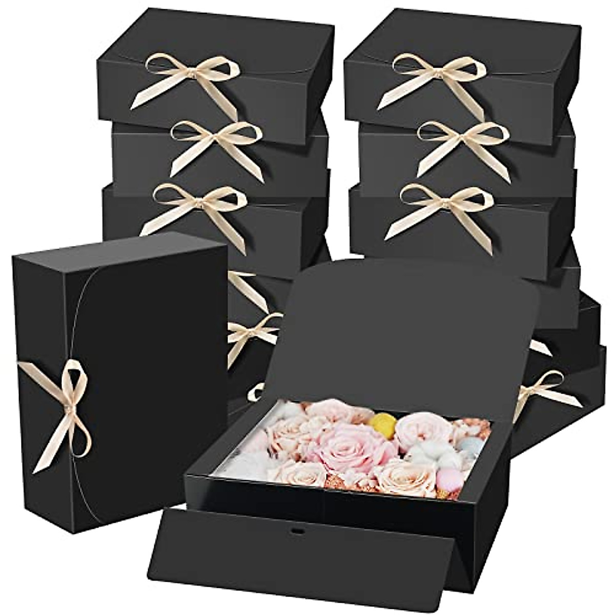 ZSPENG 12PCs Gift Boxes with Lids,12x9x4 inches Black Gift Boxes with Ribbons, Bridesmaid Proposal Box,Kraft Paper Gift Box for Wedding, Packaging, Present, Birthday, Cupcake Boxes, Crafting.