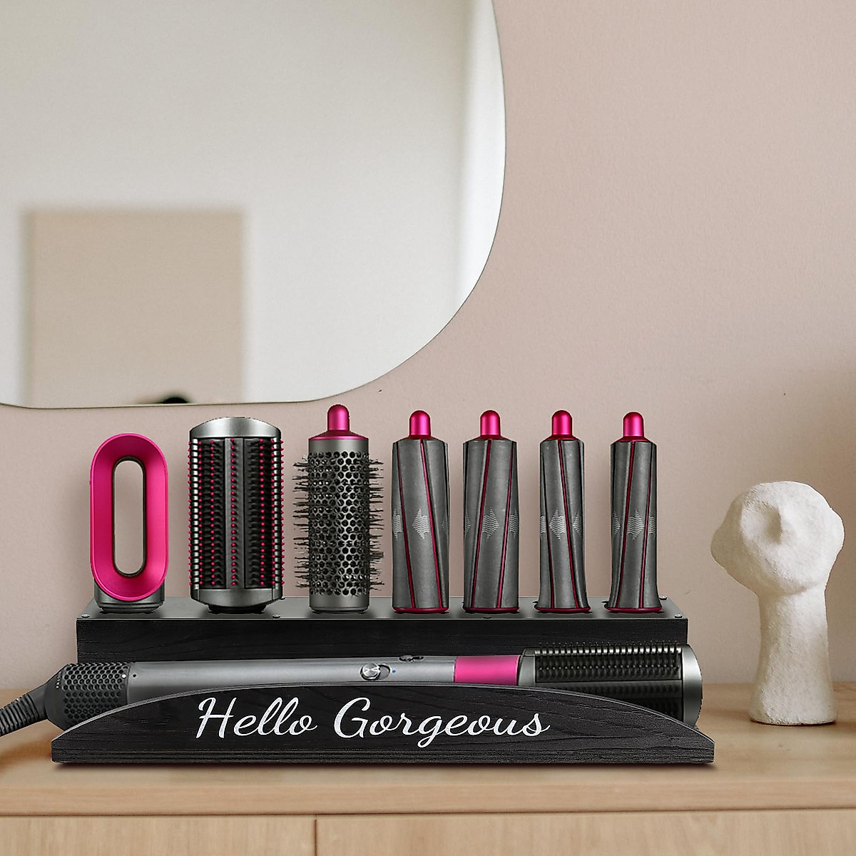 MISTOD Storage Holder for Airwrap Curling Iron Wall Mounted, Rustic Hair Dryer Stand Rack Bracket Wood Hair Wrap Styler Tools Attachments Holder for Bathroom Home Organizer - Black