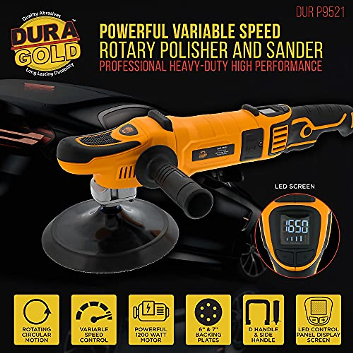 Dura-Gold Professional 7" Rotary Polisher Buffer Sander with Buffing & Polishing 8 Pad Kit, LED Variable Speed RPM Control, Heavy-Duty High-Performance, Powerful 1200 Watts - Car Auto Paint Detailing