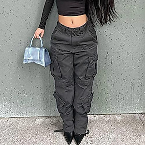 Baggy Jeans for Women Work High Waist Y2k Streetwear Cargo Jeans Parachute Pants Wide Leg Denim Pants Vintage Relaxed Fit Straight Leg Combat Military Pants Streetwear Trousers Dark Gray