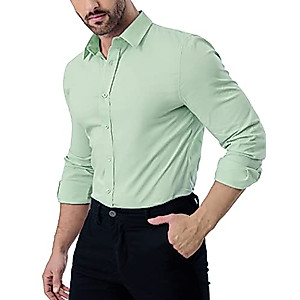 ZAFUL Men Long Sleeve Green Dress Shirt Stretch Wrinkle-Free Casual Slim Fit Button-Down Shirts Light Green XL
