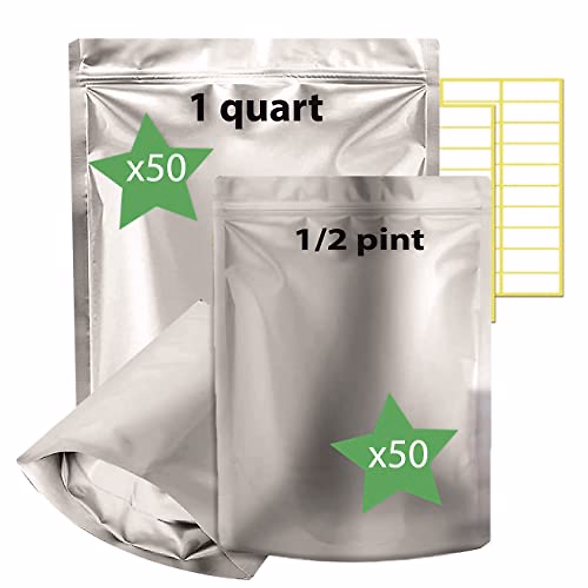 NEWAYLIFE 100 Quart Mylar Bags and 1/2 Pint Mylar Bags for Food Storage, Stand-Up Zipper pouches for Long Term Food Storage, Resealable and Heat Sealable. Mylar bags 4x6