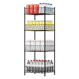 smusei Water Bottle Organizer Rack 4 Tier Free Standing Bottled Water Storage Organizer for Floor, Metal Beverage Soda Can Dispenser Shelf Holder Stand for Kitchen Pantry Office, Black