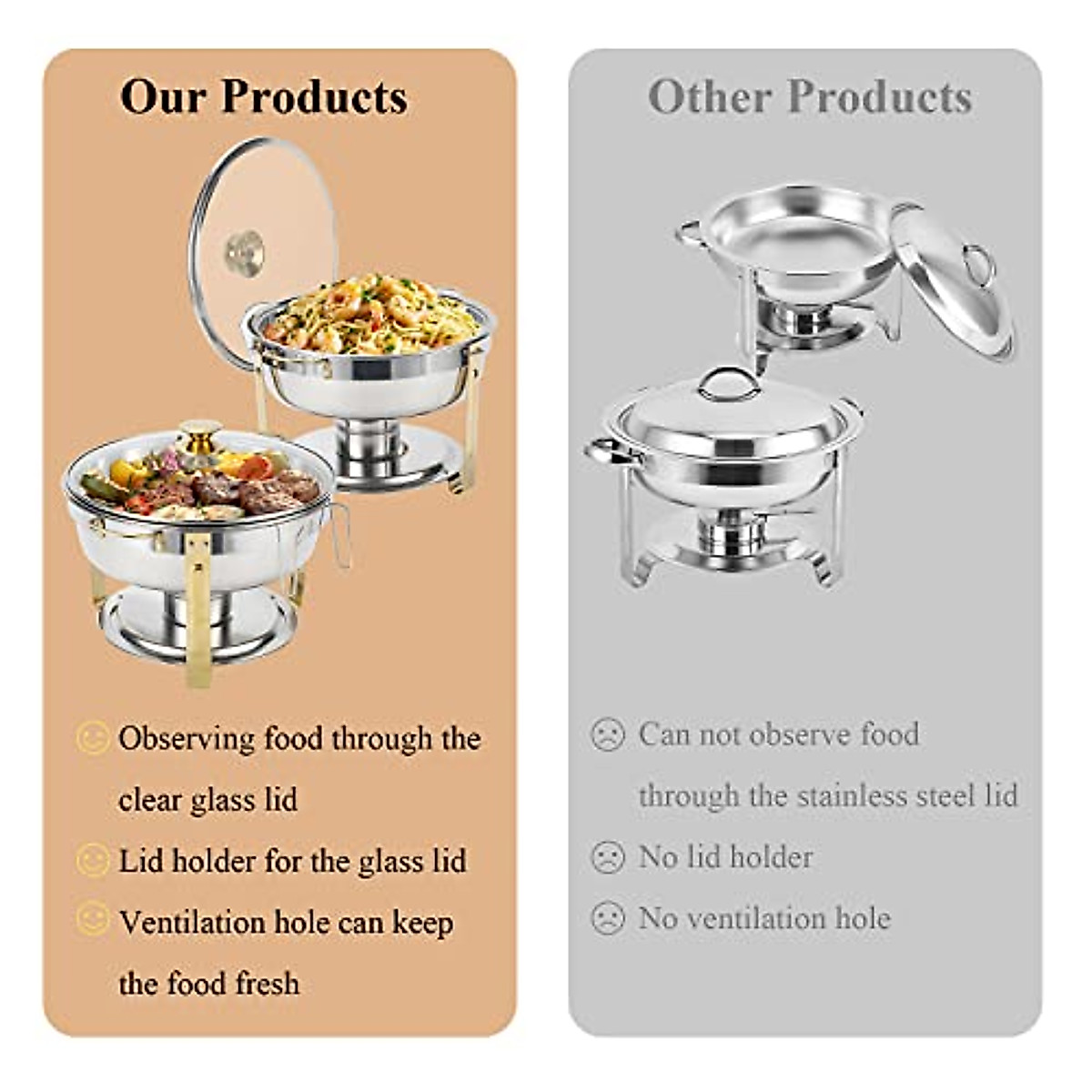 Amhier 5 Qt Chafing Dish Buffet Set with Visible Glass Lid and Holder, Stainless Steel Round Chafers and Buffet Warmers Sets with Food and Water Trays for Catering, Parties and Weddings, Gold, 4 Pack