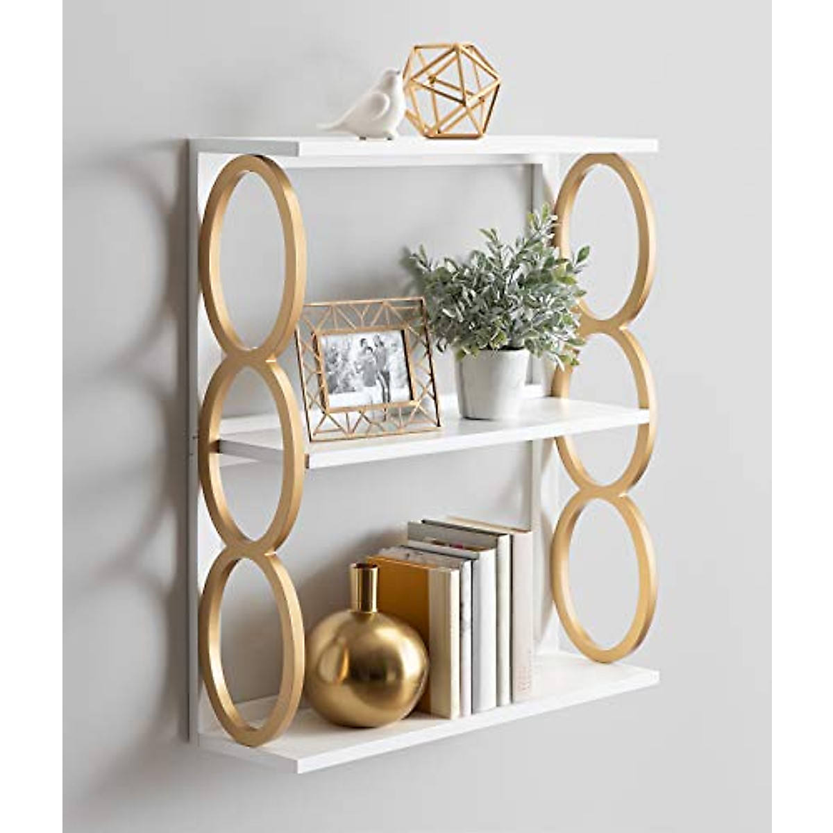 Kate and Laurel Ring Mid-Century Modern 3-Tier Shelf, 28" x 8" x 31", White and Gold, Chic Contemporary Storage and Decor
