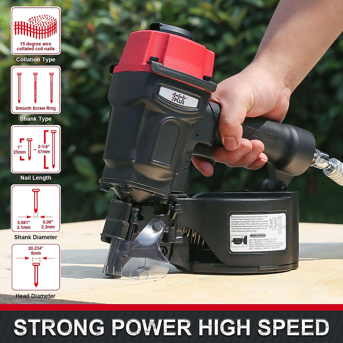 3PLUS HCN55SP Pneumatic Coil Pallet Nailer Professional Air Nail Gun Accepts 15 Degree 1-Inch to 2-1/4-Inch Wire Collated Nails