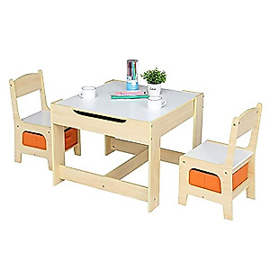 TROOPVILLE Kids Table and Chair Set 3 in 1 Wooden Toddler Table and Chair Set Toddler Activity Table Children's Wooden Table and Chair Set with Two Storage Bags 1 Table and 2 Chairs (Wood)