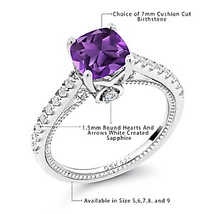 Gem Stone King 925 Sterling Silver Cushion 7MM Gemstone Birthstone and White Created Sapphire Engagement Ring | Wedding Engagement Anniversary Promise Ring For Women